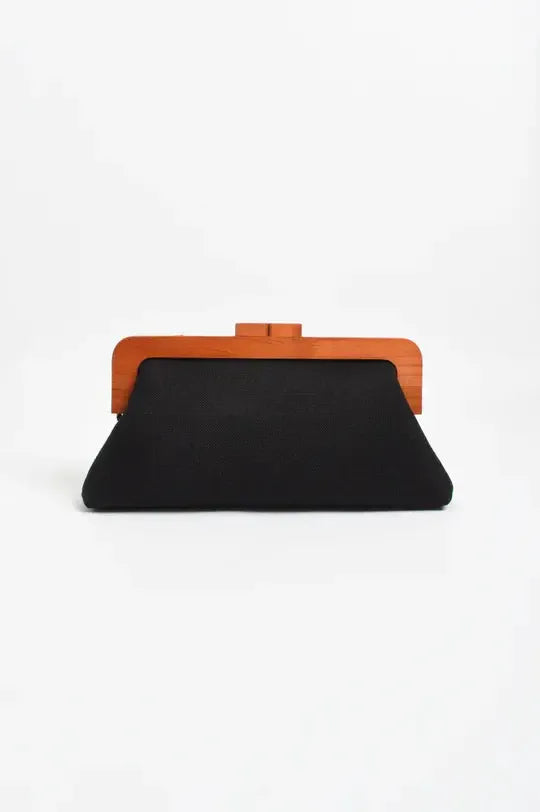 Jessie Textured Weave Timber Frame Clutch - Black